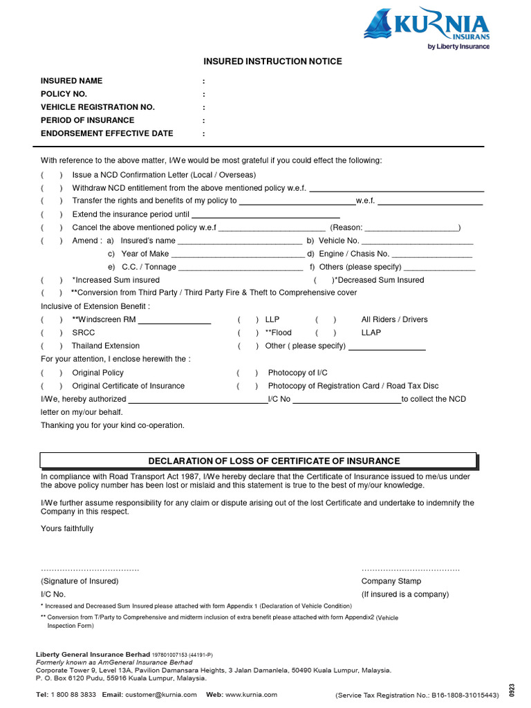 Kurnia Insurance Policy Instructions | PDF | Insurance | Transport