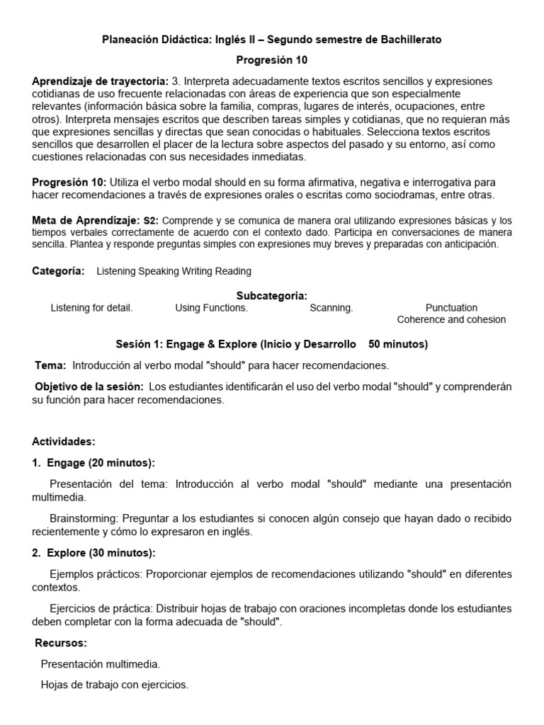 Planeacion de Ingles Ii Progresion 10 Ems | PDF | Verbo | Cognición