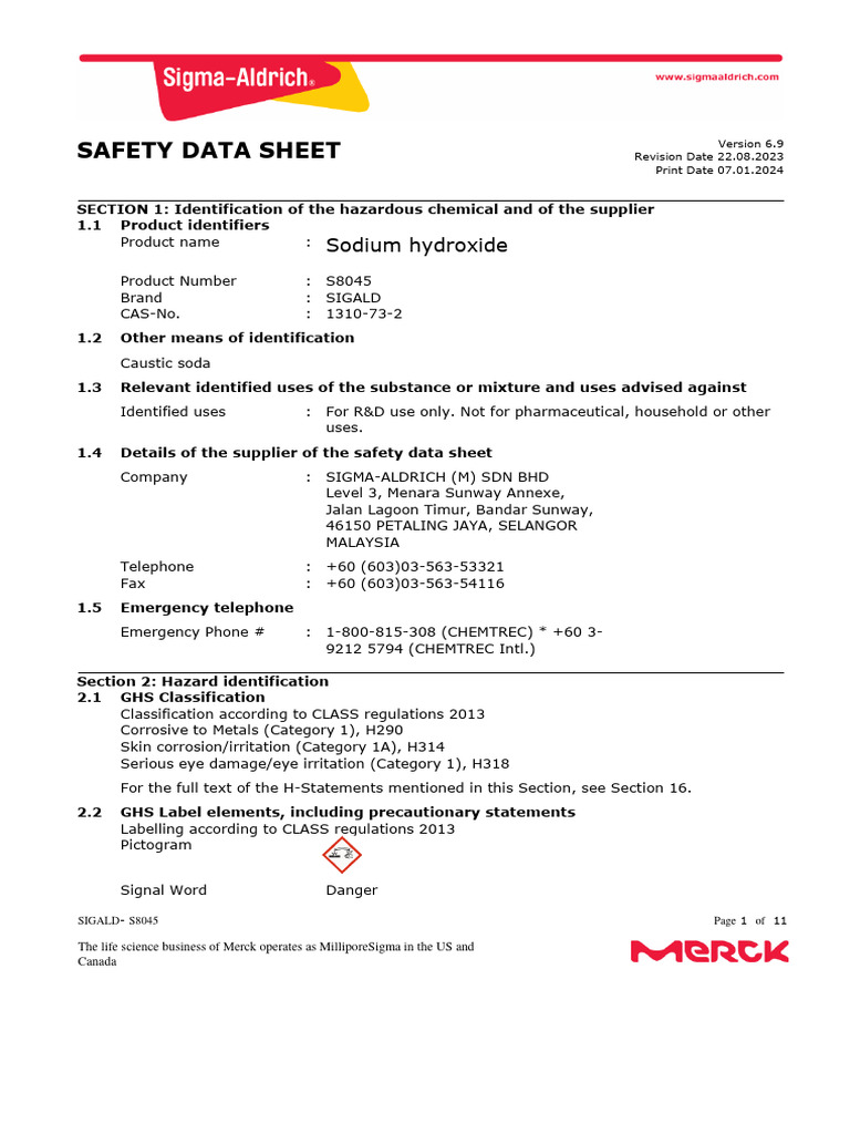 Sds Sodium Hydroxide | PDF | Chlorine | Chemical Reactions