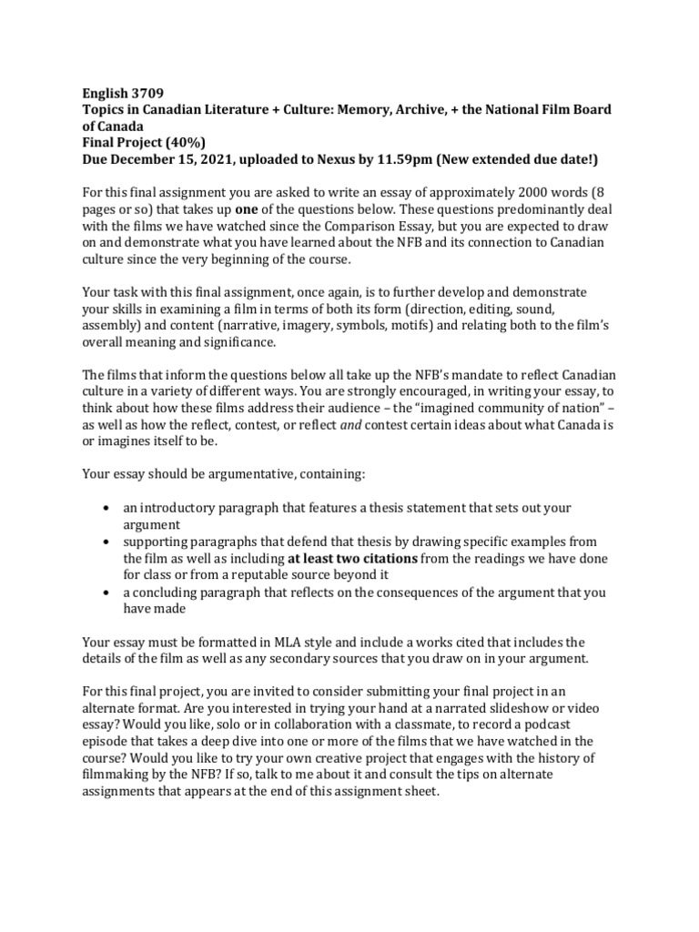 Canadian Film Analysis Project | PDF | Essays | Thesis