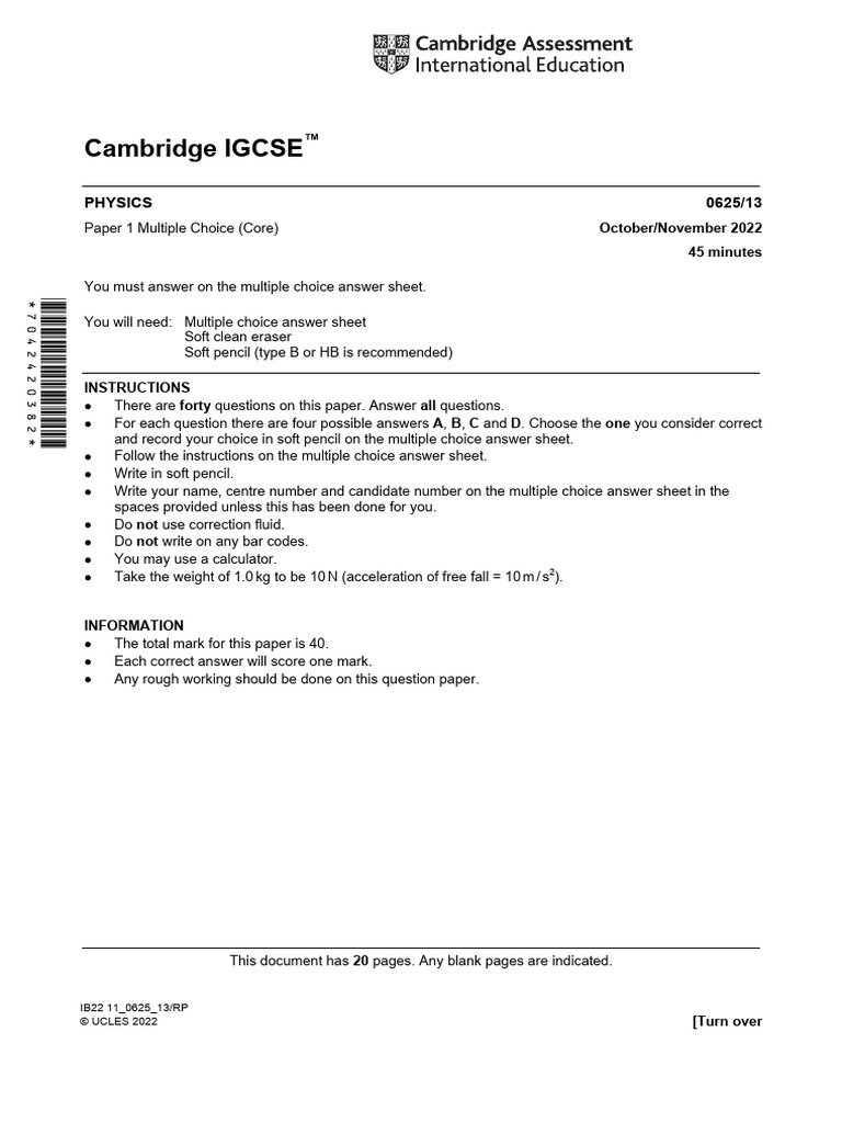 Cambridge IGCSE: Physics 0625/13 | PDF | Force | Electromagnetic Spectrum