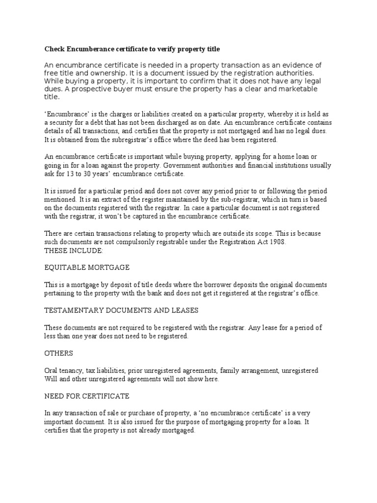 Check Encumberance Certificate To Verify Property Title | PDF ...