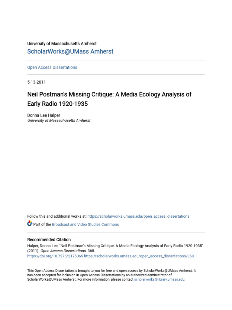 Neil Postmans Missing Critique - A Media Ecology Analysis of Earl | PDF ...