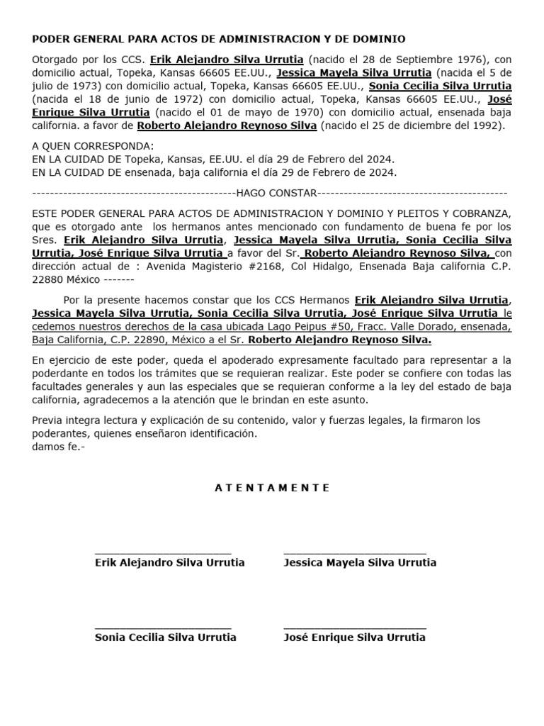 PODER GENERAL PARA ACTOS DE ADMINISTRACION Y DE DOMIONIO | PDF