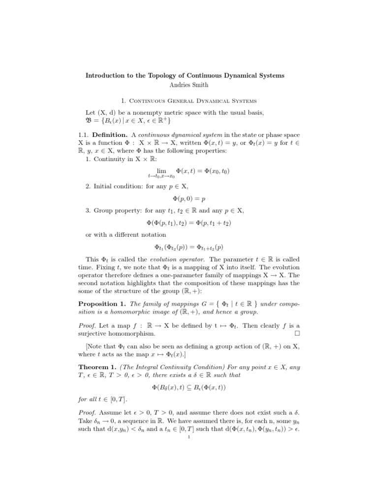 Introduction To The Topology of Continuous Dynamical Systems Andries Smith 1. Continuous General ...