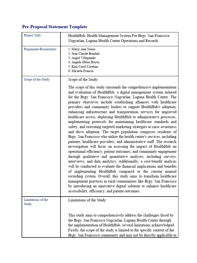Pre Proposal Statement Template | PDF | Health Care | Specification (Technical Standard)
