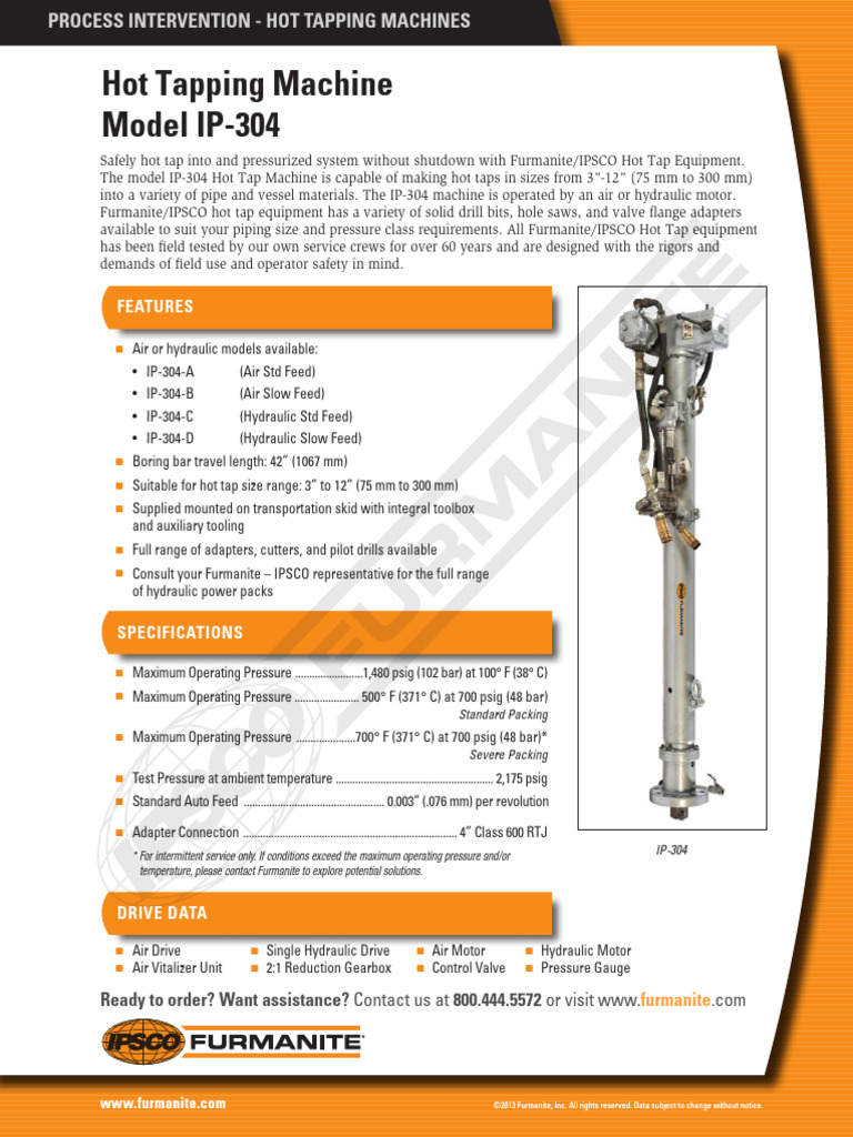 Hot Tapping Machine Model IP-304: Features | PDF | Tap (Valve) | Drill
