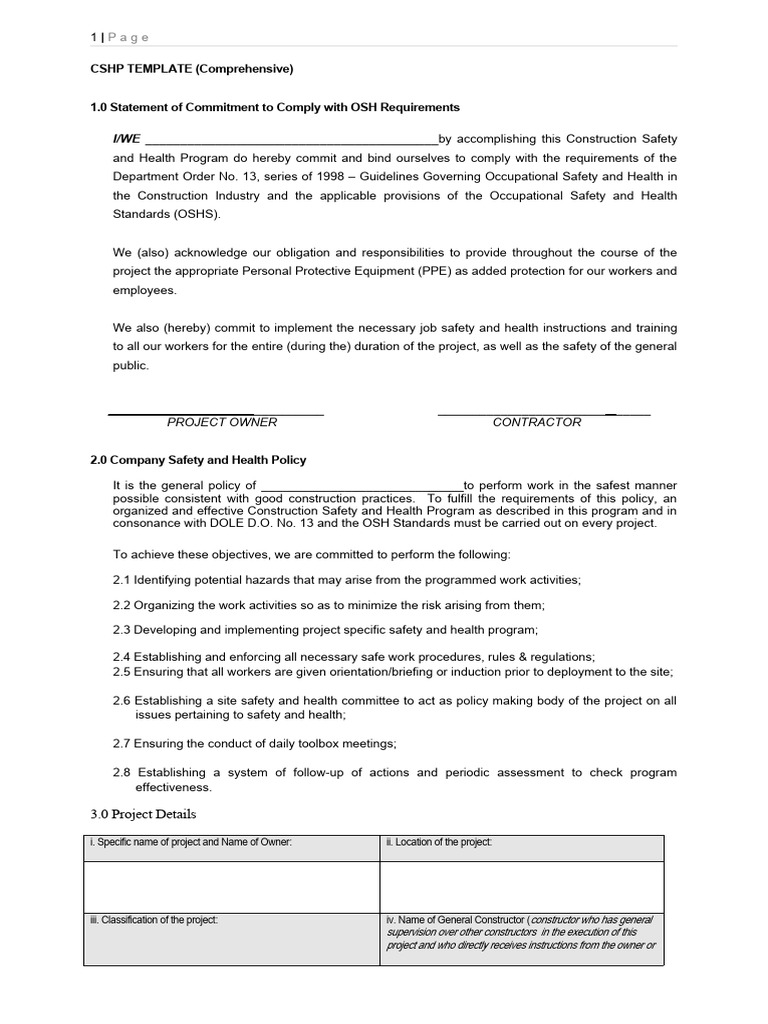 CSHP Template - Commercial | PDF | Occupational Safety And Health ...