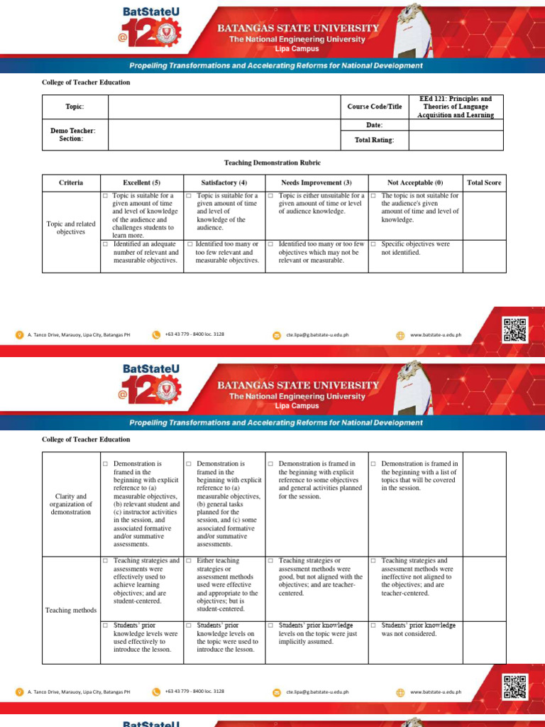 Rubric For Demonstration Teaching Pdf Education Theory Communication