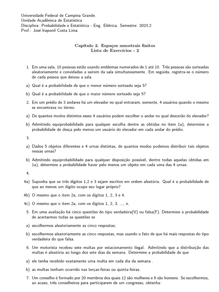Lista de Exercícios - Cap - 2 | PDF | Probabilidade