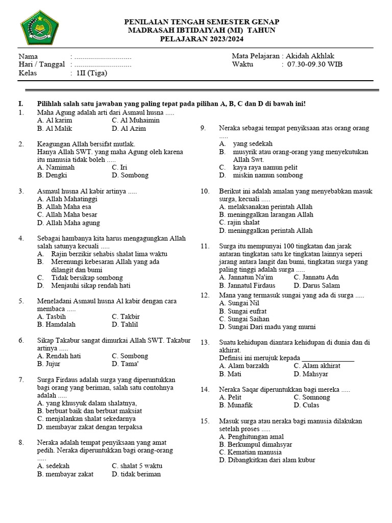PTS II Akidah Akhlak | PDF