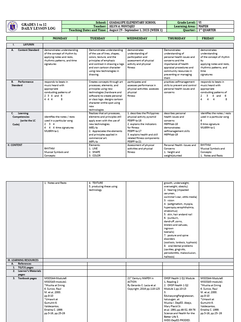 DLL - MAPEH 6 - Q1 - W1 Ok | PDF | Learning | Physical Fitness