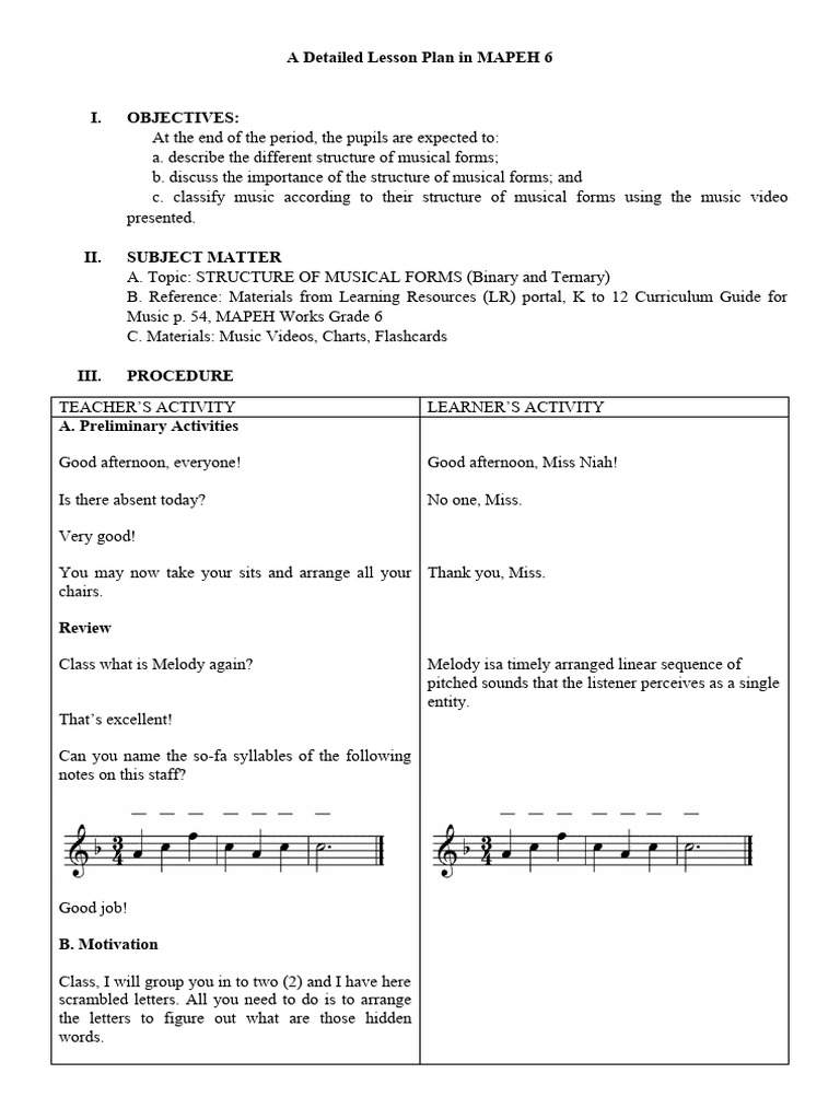 MAPEH 6: Musical Forms Lesson Plan | PDF | Musical Forms | Human ...