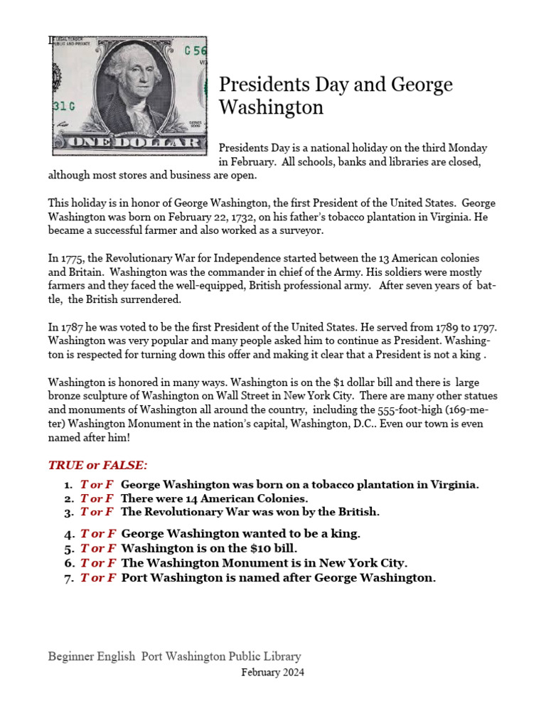 Presidents Day George Washingtoneasy Reading A 2 With TF Questions ...