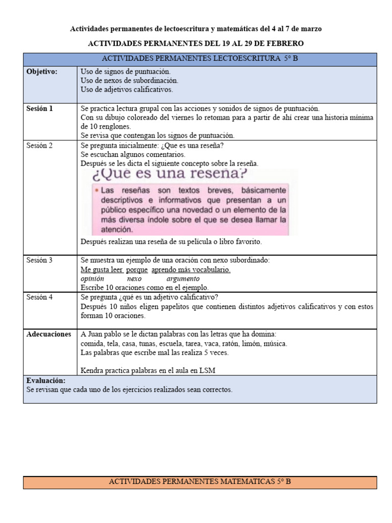 Actividades Permanentes de Lectoescritura y Matemáticas Del 4 Al 7 de ...