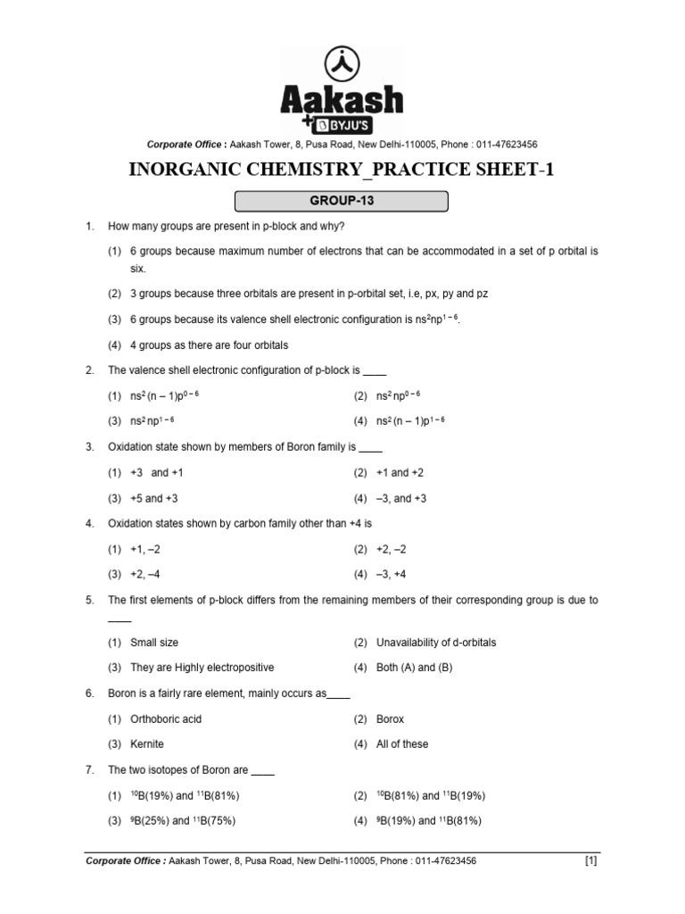Inorganic Chemistry - Practice Sheet-1 - Only Question | PDF | Sets Of ...