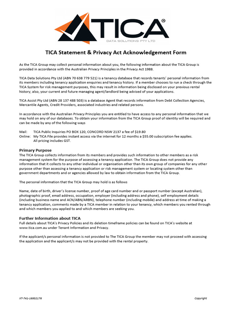 TICA Privacy Acknowledgement Form | PDF | Leasehold Estate | Lease