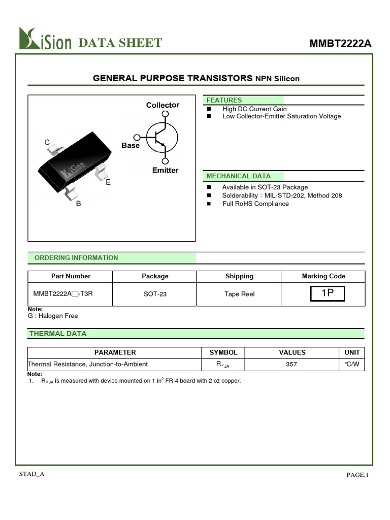 MMBT2222A Transistor Datasheet | PDF | Bipolar Junction Transistor ...