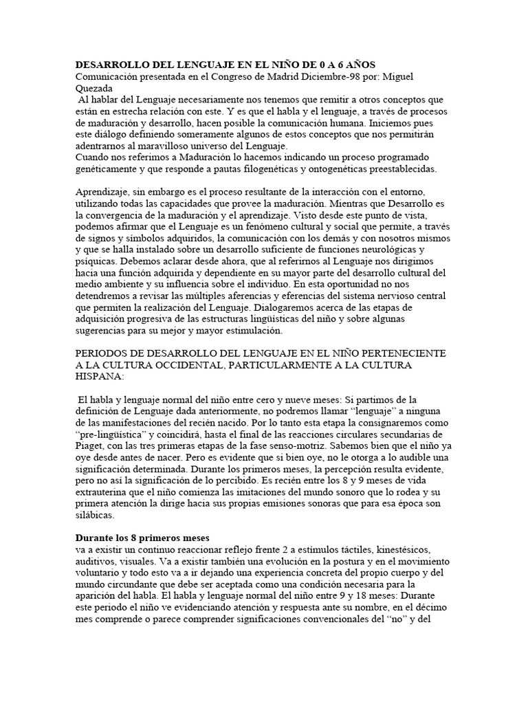 Desarrollo Del Lenguaje En El NiÑo De 0 A 6 AÑos Pdf Pensamiento Aquisición De Idioma 