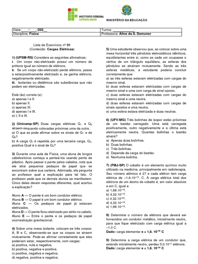 Lista de Exercícios 01 - Cargas Elétricas | PDF