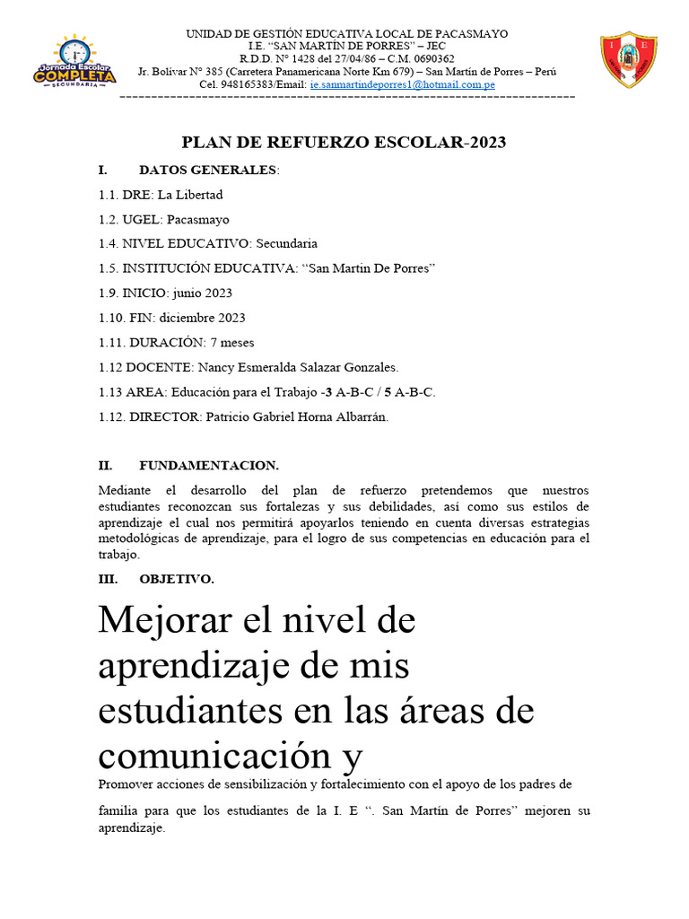 Plan de Refuerzo Escolar | PDF | Teoría de la educación | Enseñando