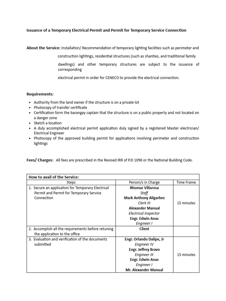 Issuance of A Temporary Electrical Permit and Permit For Temporary ...