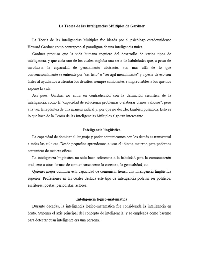 La Teoría de Las Inteligencias Múltiples de Gardner | PDF ...