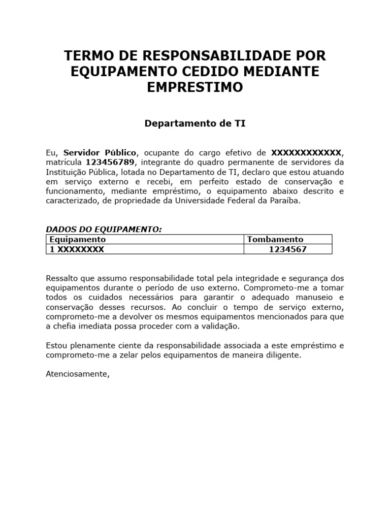 Modelo do Termo de Responsabilidade - Empréstimo de Equipamentos | PDF Modelo do Termo de Responsabilidade - Empréstimo de Equipamentos | PDF
