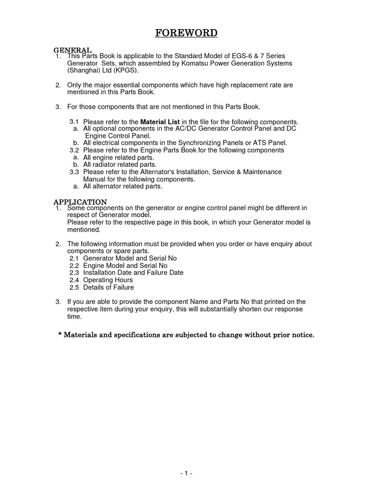 Parts Book (Edition 3) Utk Unit EGS | PDF | Electric Generator | Direct ...