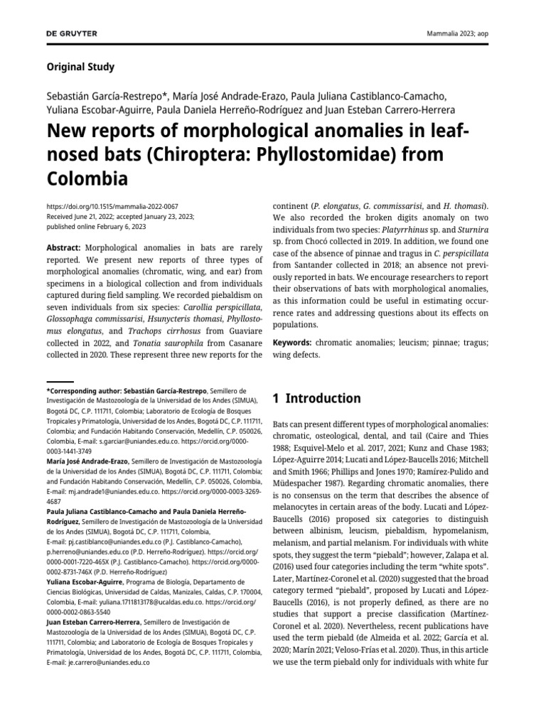 Morphological Anomalies in Colombian Bats | PDF | Ear | Mammal Orders