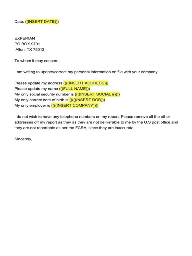 Experian Update Personal Information Letter | PDF