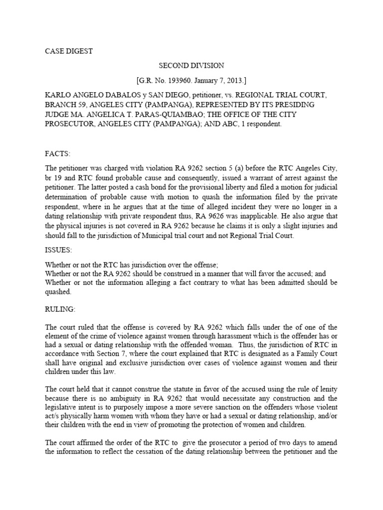 CASE DIGEST Karlo Dabalos Vs RTC BR 59 | PDF | Crimes | Crime & Violence
