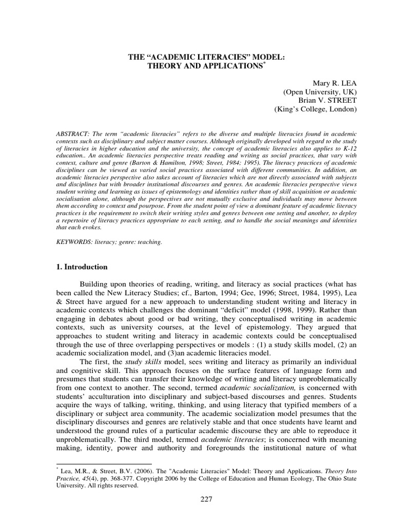 The Academic Literacies Model Theory and Applicati | PDF