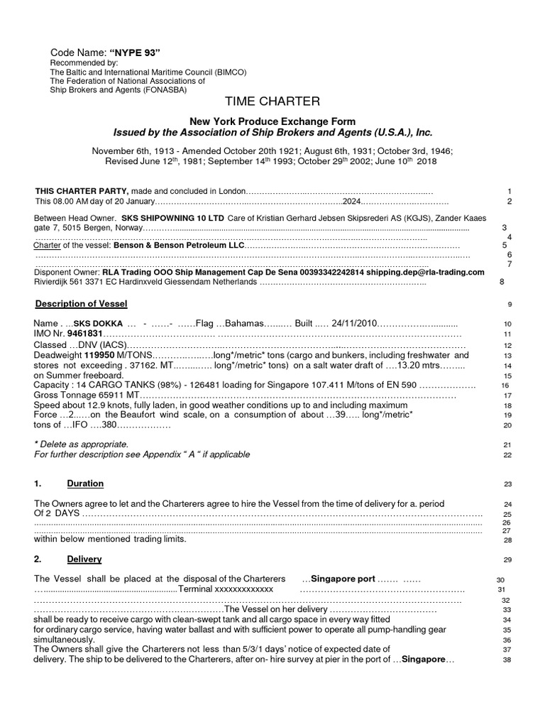 NYPE 93 Time Charter Agreement Template | PDF | Bill Of Lading | Tonnage