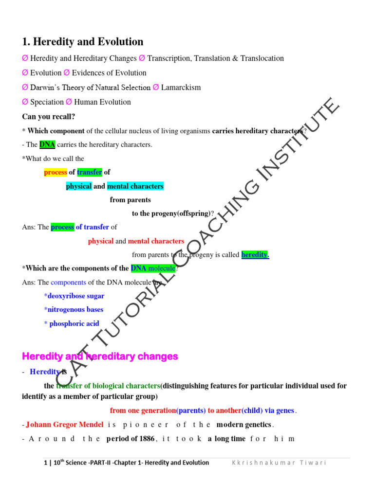 KT Sir's - 10th Science -PART-II -Chapter 1- Heredity and Evolution - 1 | PDF | Rna | Messenger Rna