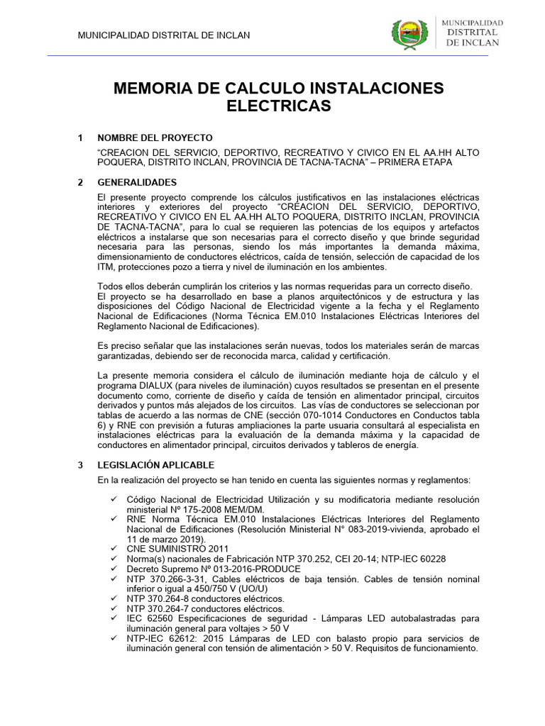 Memoria de Calculo Electrica | PDF | Cableado eléctrico | Corriente eléctrica