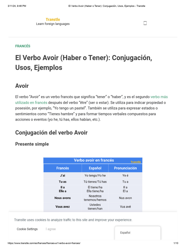 El Verbo Avoir (Haber o Tener) - Conjugación, Usos, Ejemplos - Transtle ...