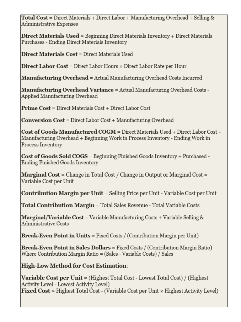 Cost Accounting Formula | PDF