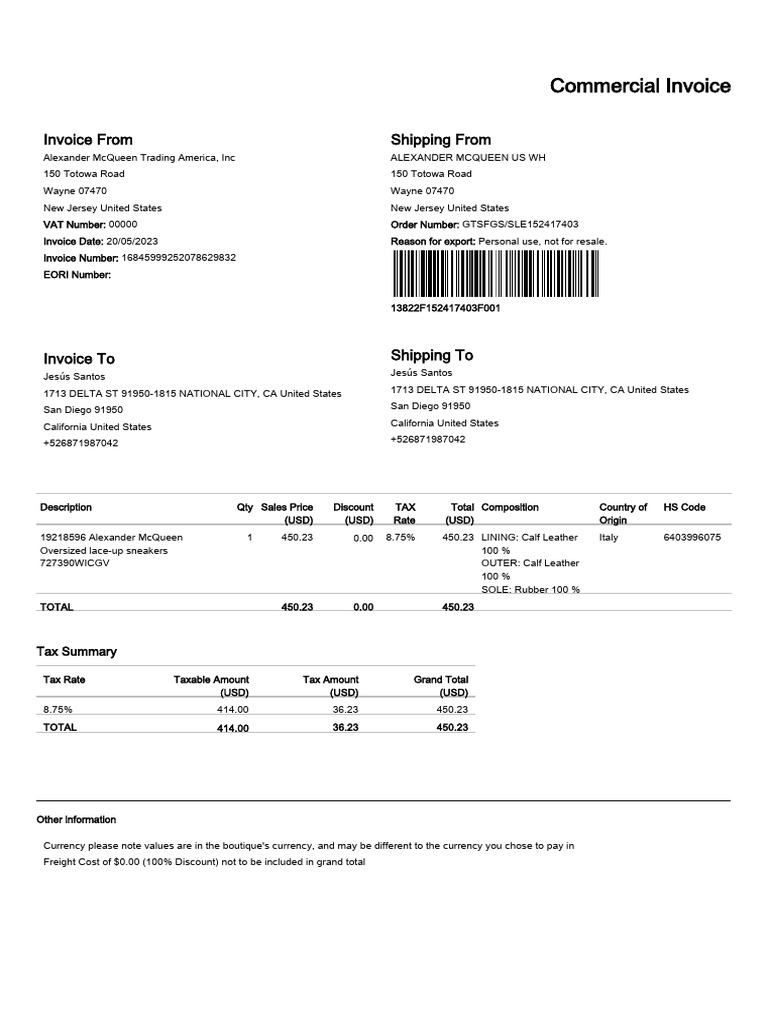Alexander McQueen Invoice Details | PDF | Invoice | United States Dollar