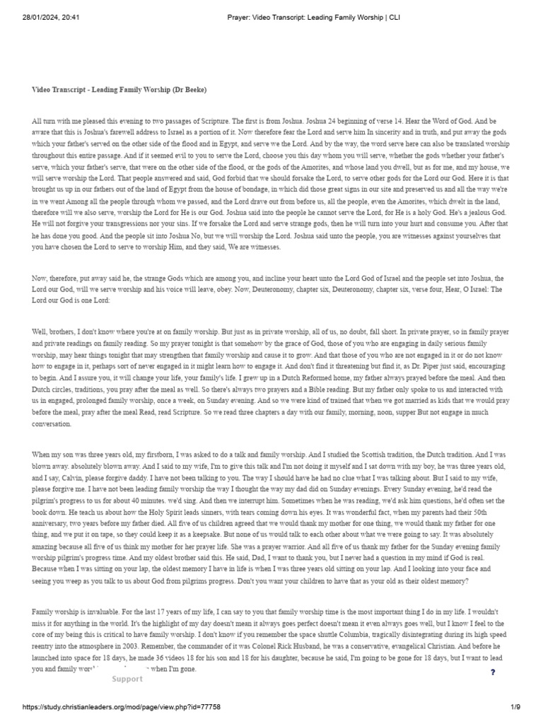 Prayer - Video Transcript - Leading Family Worship - CLI | PDF | Prayer ...