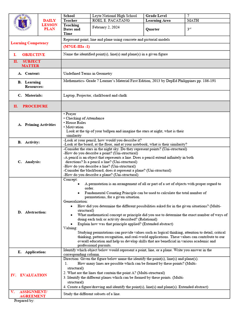 Q3 LP Represent Point, Line and Plane Using Concrete and Pictorial Models - 092217 | PDF ...