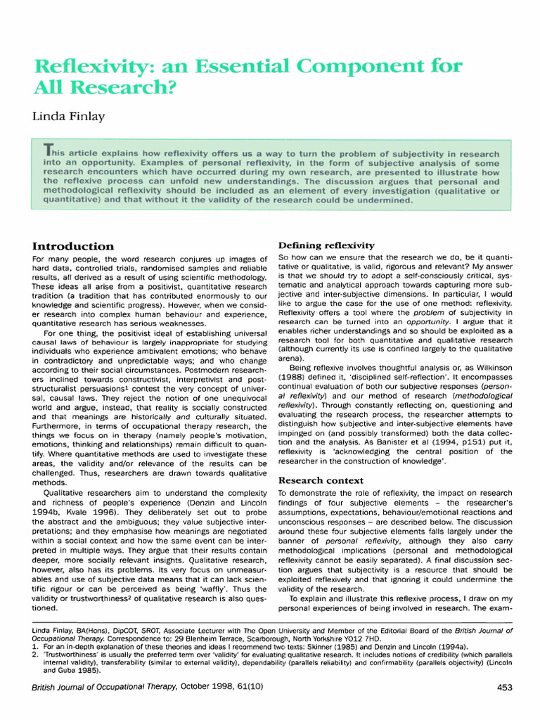Finlay, Reflexivity | PDF | Methodology | Reflexivity (Social Theory)