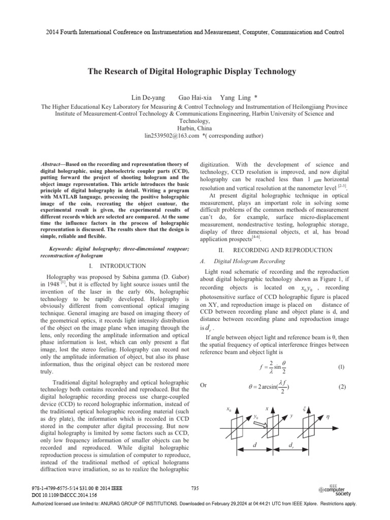 The Research of Digital Holographic Display Technology | Download Free PDF | Holography | Optics