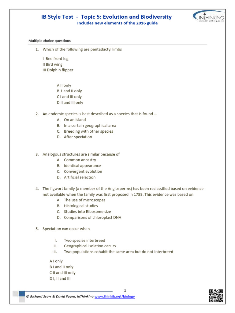 05 Evolution and Biodiversity Questions | PDF | Species | Evolution