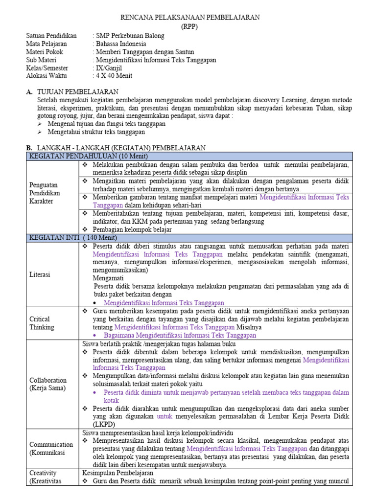 RPP Teks Tanggapan | PDF | Karier & Perkembangan | Seni