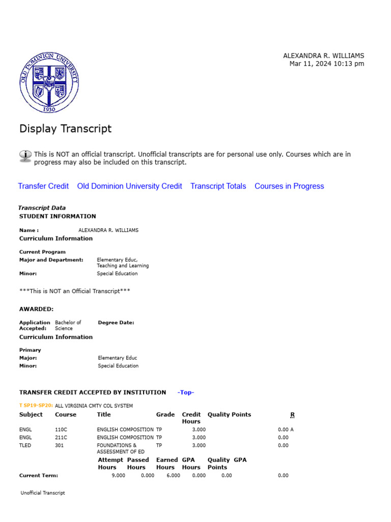 Unoffical Academic Transcript 2024 | PDF | Academia | Student ...