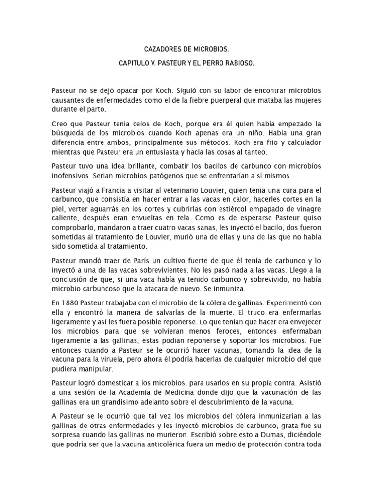 Resumen Capitulo 5. Cazadores de Microbios. | PDF | Rabia | Luis Pasteur