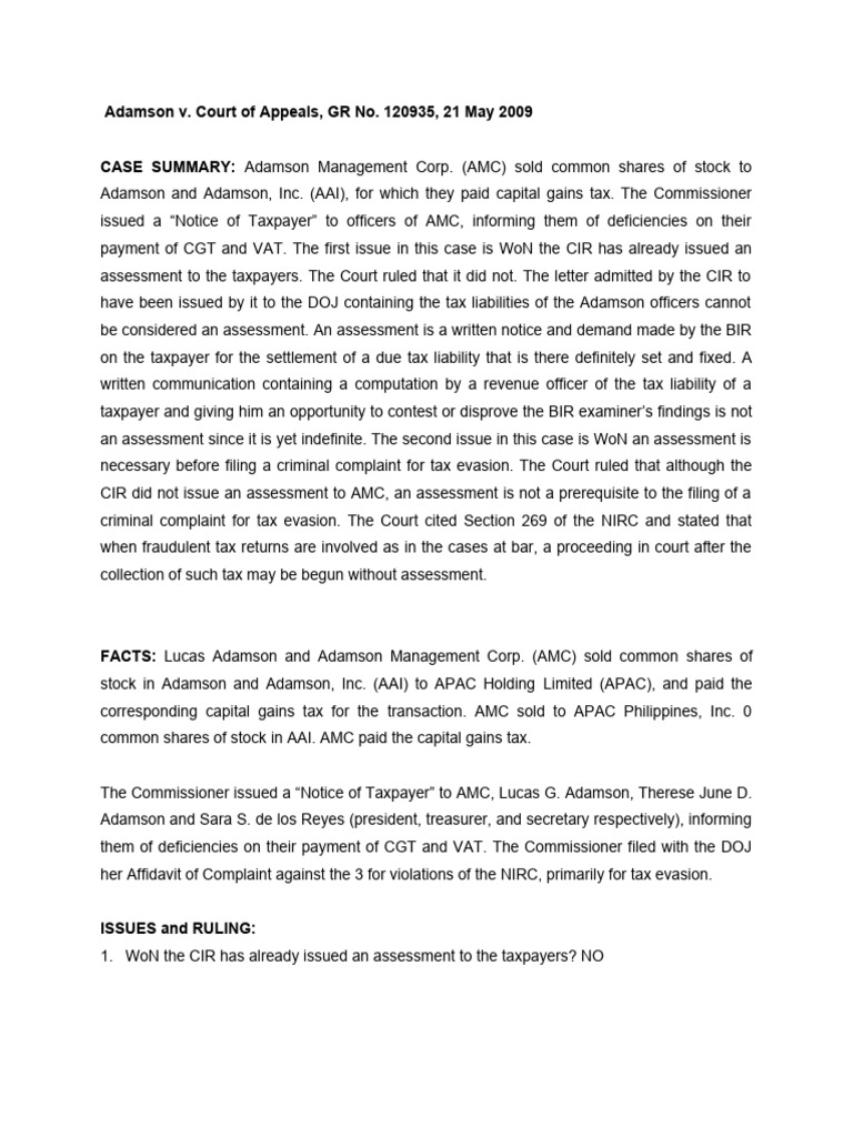 Tax Evasion Case: No Assessment Needed | PDF | Taxes | Taxpayer