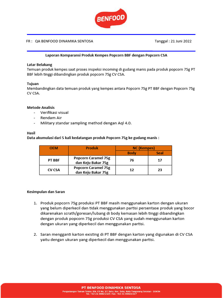 Laporan Inspeksi Incoming Cem Cem Popcorn 75g BBF VS CSA | PDF