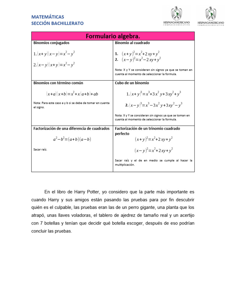 Formulario Algebra | PDF | Métodos y materiales de enseñanza